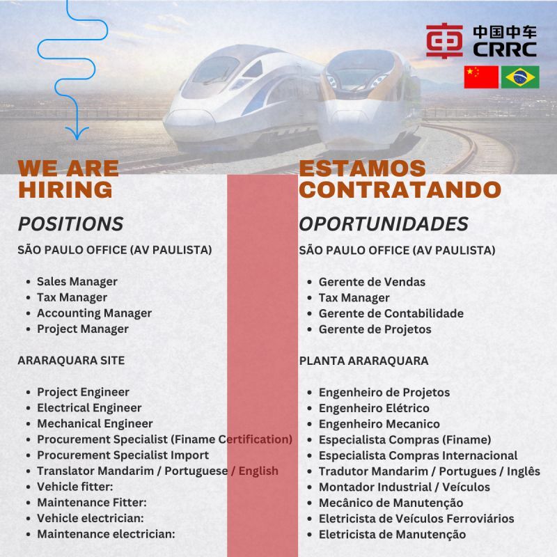 CRRC abre vagas de emprego em São Paulo